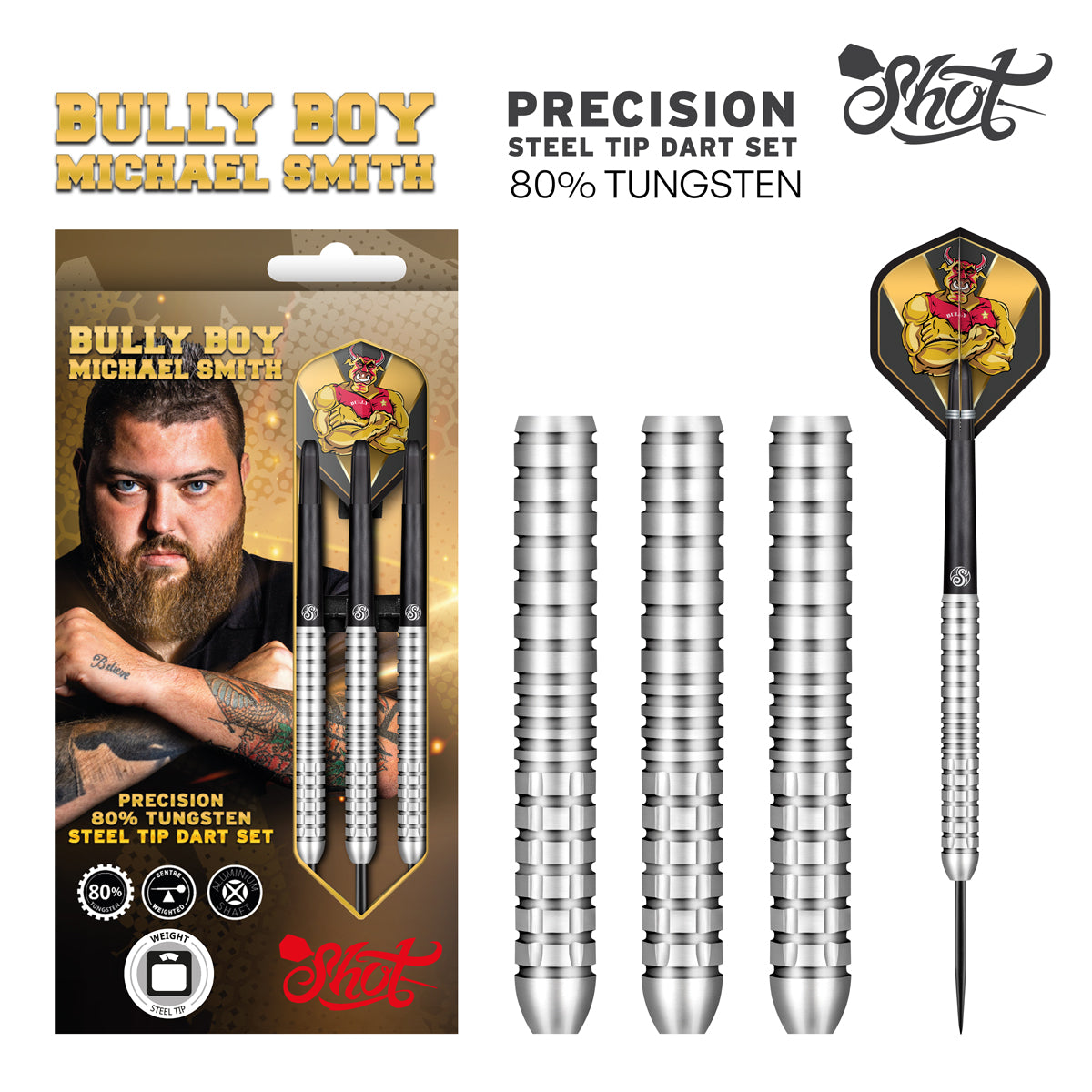 Shot - Michael Smith - Bully Boy - Precision - Steel Tip Dart Set - 80 ...